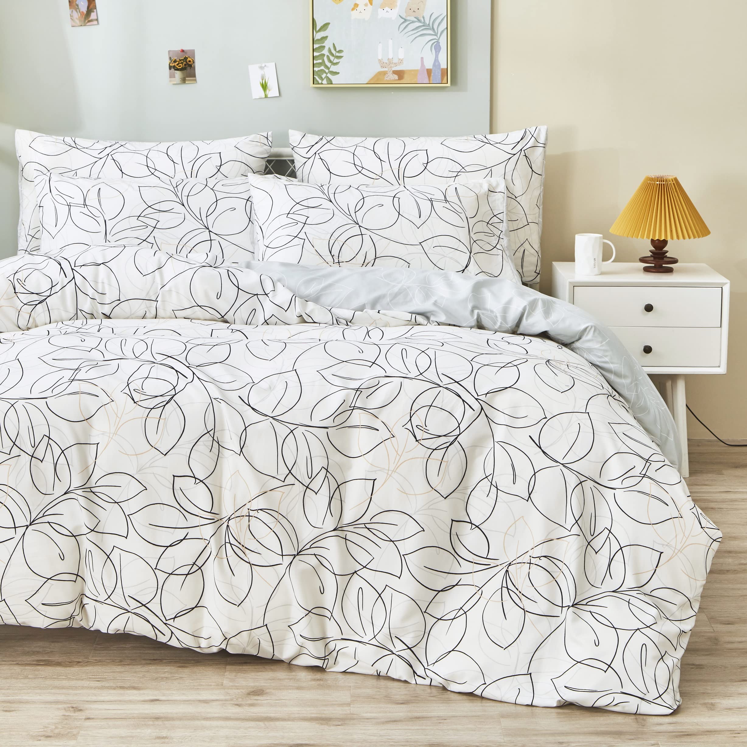 Tache Modern Abstract Floral Leaf Minimalist Line Art White Black Grey Gold Duvet Cover, King