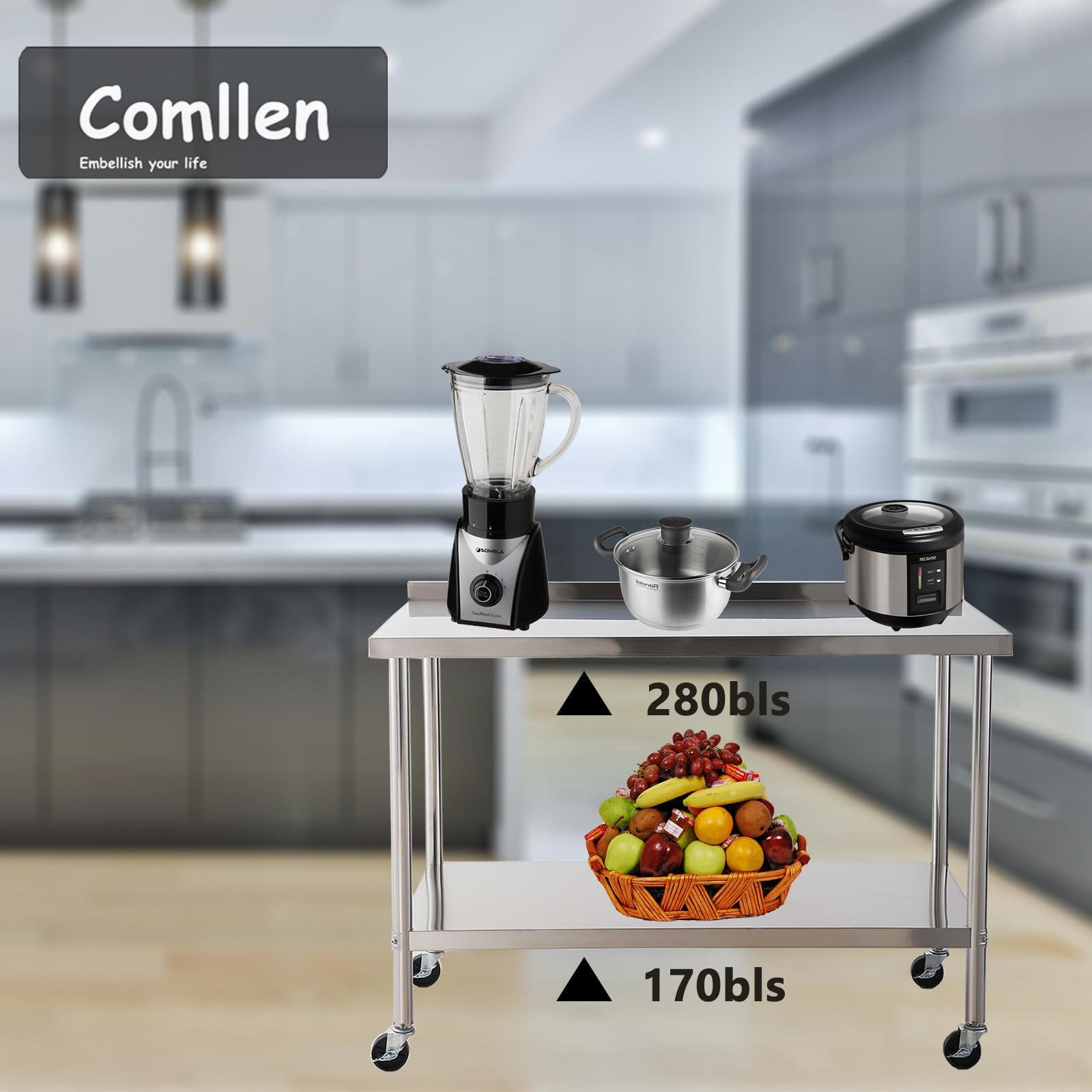 Comllen Stainless Steel Work Table, 48x24 Inches Stainless Steel Table with 4 Wheels, Commercial Heavy Duty Tables for Commercial Kitchen, Restaurant, Hotel and Garage