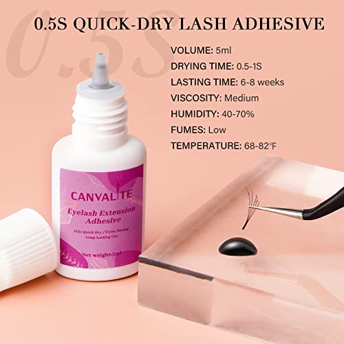 Canvalite Eyelash Glue for Lash Extensions 0.17oz, Extra Strong Lash Glue 0.5 Sec Dry Time, 6-8 Weeks Retention Lash Adhesive Black Latex-Free Eyelash Extension Glue for Professional Salon Use