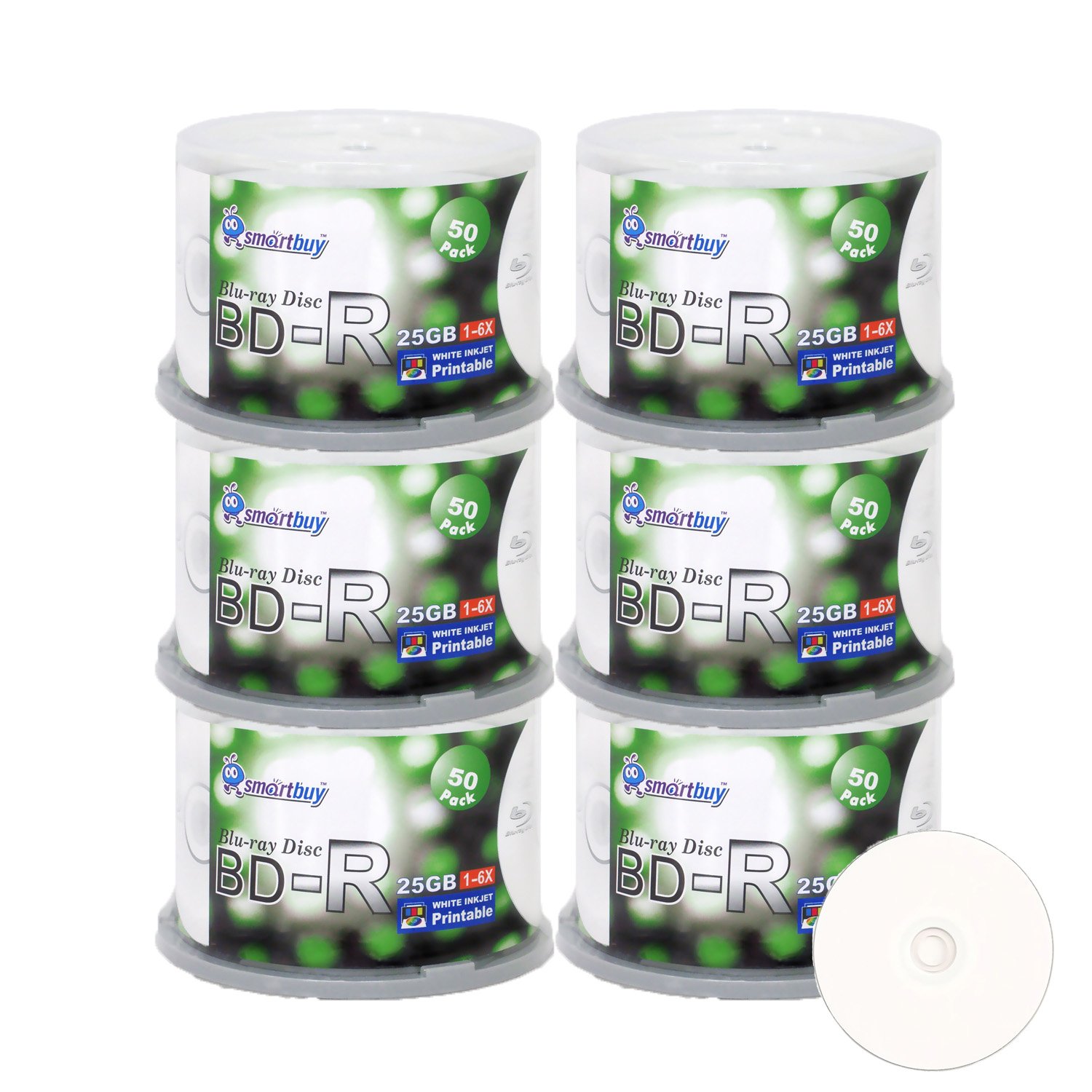 Smartbuy 300 Pack Bd-r 25gb 6X Blu-ray Single Layer Recordable Disc Printable White Inkjet Blank Data Video Media 300 Disc Spindle