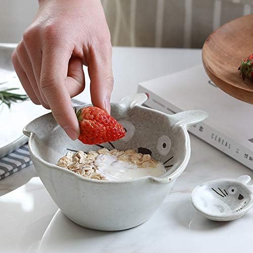 Ceramic Grey Cartoon Plate Bowl Set Hand-Painted Anime Character Dinnerware for Kids Cute Non-slip Dish Sets (Set of Bowl, Plate, Spoon)