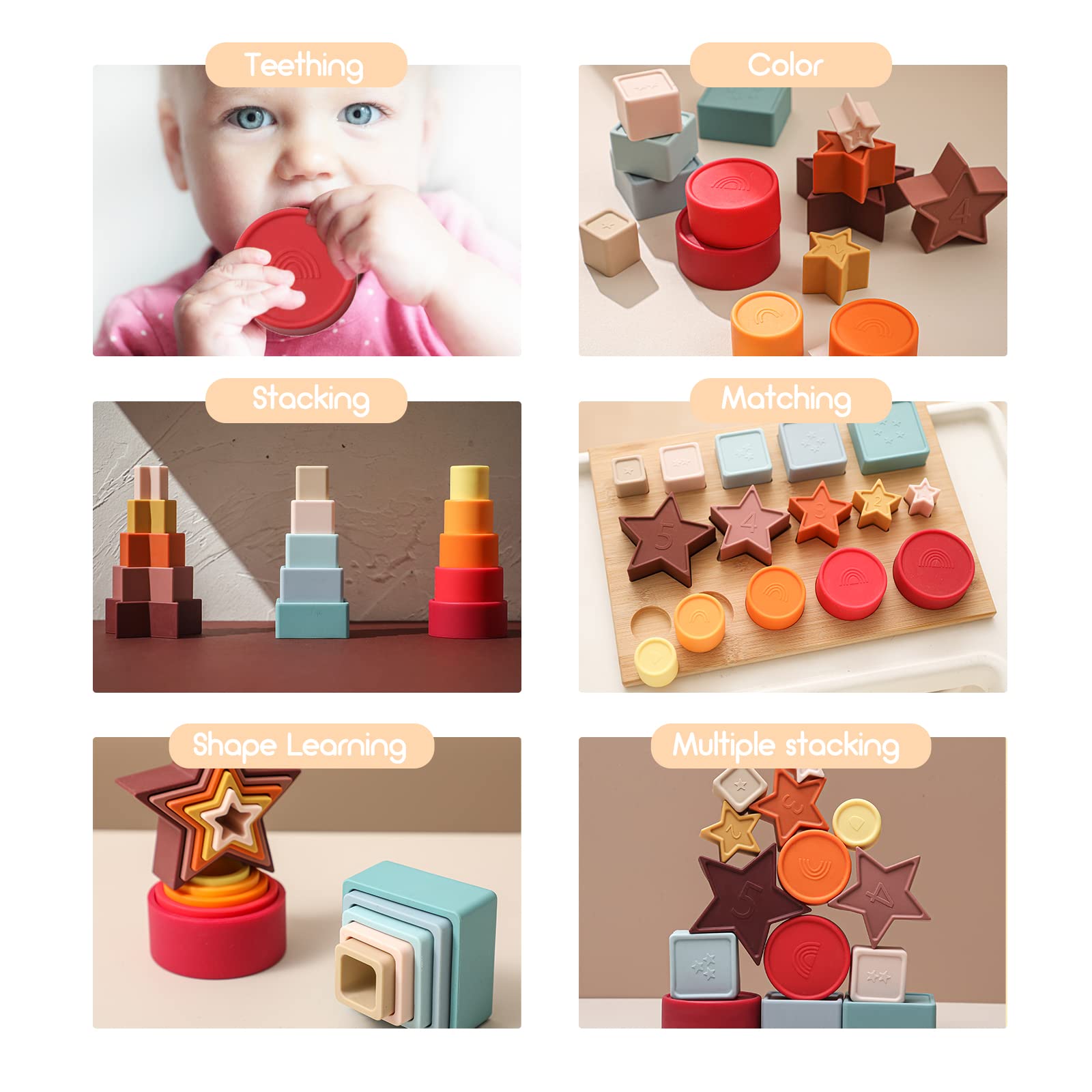ibwaae Soft Silicone Stacking Toys Set 15 Pcs Natural Rainbow Color Nesting Cups and Silicone Stacking Cups Montessori Toy for Baby(Wooden Base)