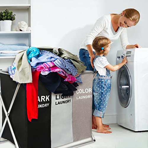 Laundry Cloth Hamper Sorter Basket Bin Foldable 3 Sections with Aluminum Frame Washing Storage Dirty Clothes Bag for Bathroom Bedroom Home Storage Basket (Black+Gray+Coffee, 3 Liner)