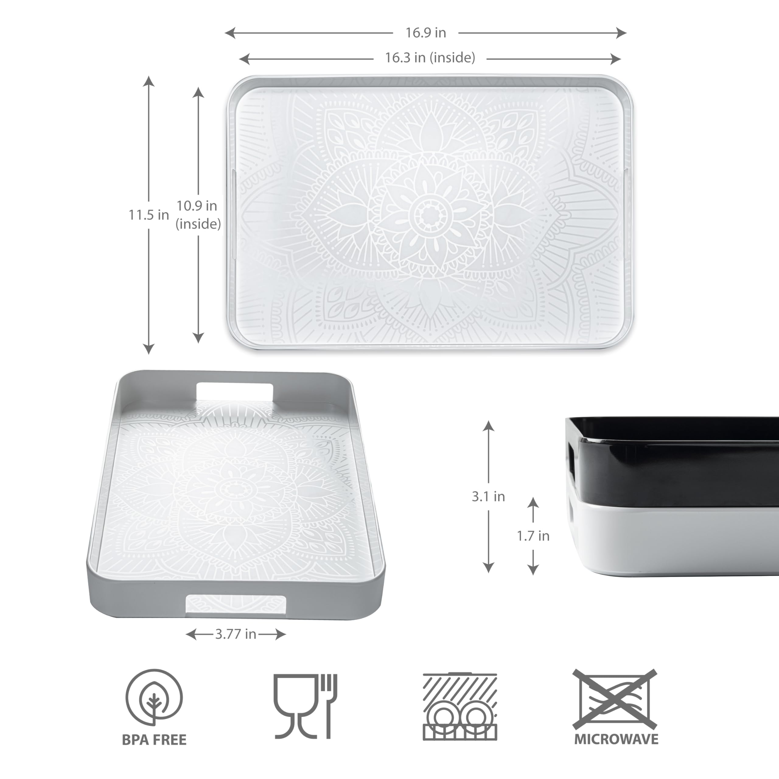Bzyoo Melamine Gallery Tray -11.5in x 16inch Large Rectangle Serving Tray with Handle for Entertaining, Ottoman and Kitchen Counter Decor, Decorative Home Coffee Table Tray or Vanity Tray - White