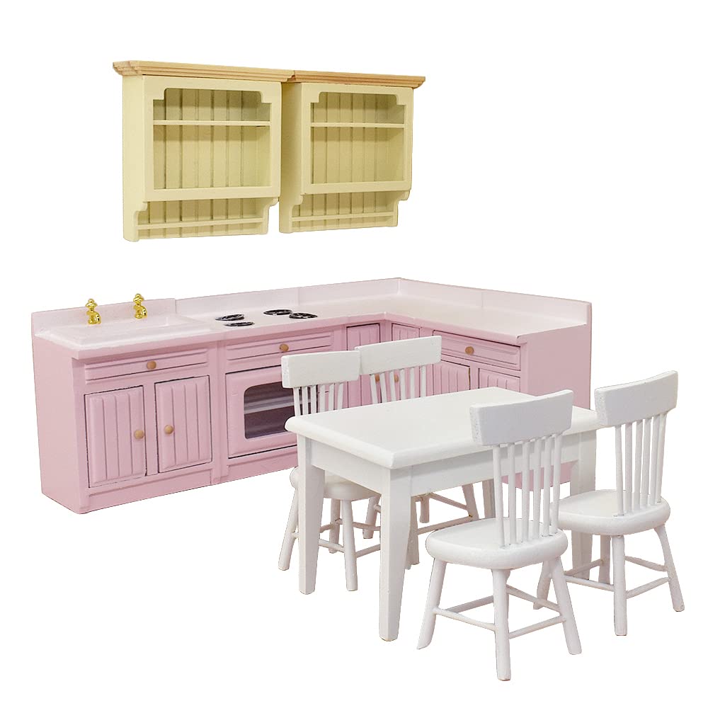 iLAND Wooden Dollhouse Furniture on 1:12 Scale for Miniature Dollhouse Kitchen w/Unit Cabinets, Dollhouse Fridge and Dollhouse Dining Room Furniture(Pretty Pink 11pcs)