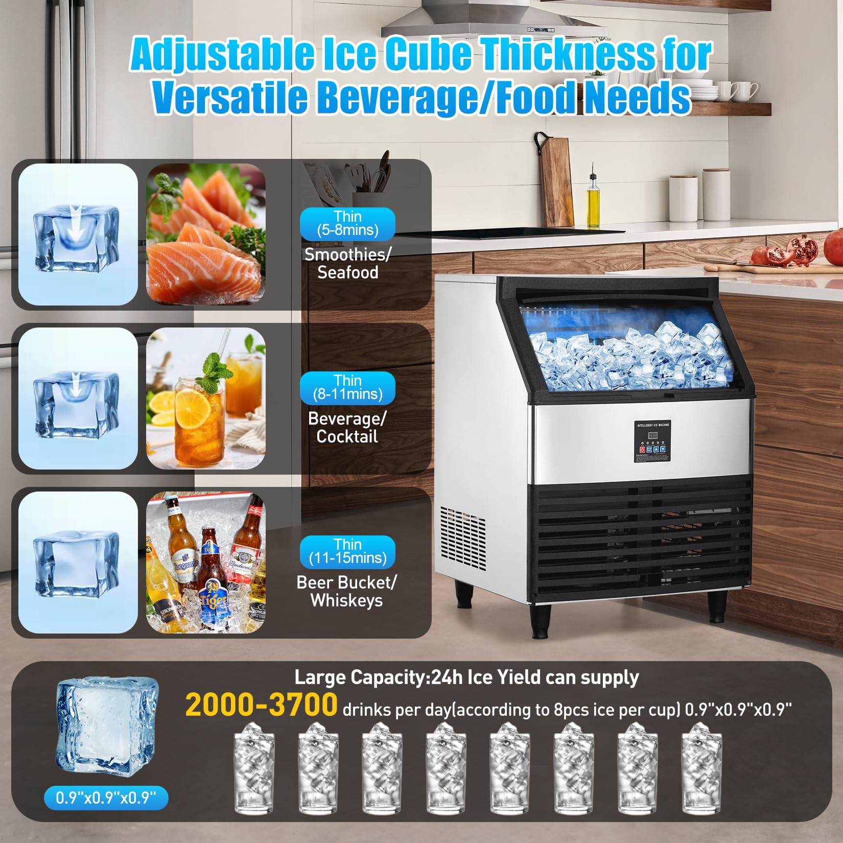 Commercial Ice Maker Machine 300lbs/24H, with 100lbs Ice Storage Capacity, Under Counter Stainless Steel Ice Machine, Self Cleaning, Freestanding Industrial Ice Maker with Ice Scoop, Self-Cleaning