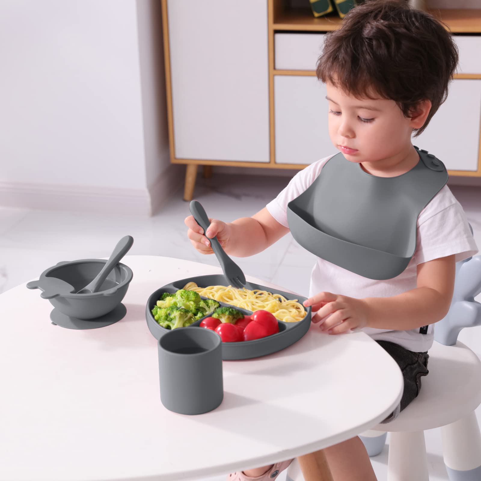 COTTONBEBE Baby Silicone Feeding Set, Toddler Plates and Bowls Sets, Self Feeding Spoon Fork Bib Cup, Divided Baby Led Weaning Supplies, First Stage Solid Food Infant Utensils, Grey