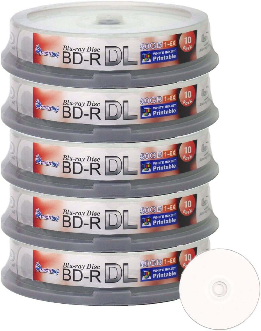 Smartbuy 50gb 6X Blu-ray Bd-r Dl Dual Layer Blank White Inkjet Printable Recordable Media Disc Spindle (50-Disc)
