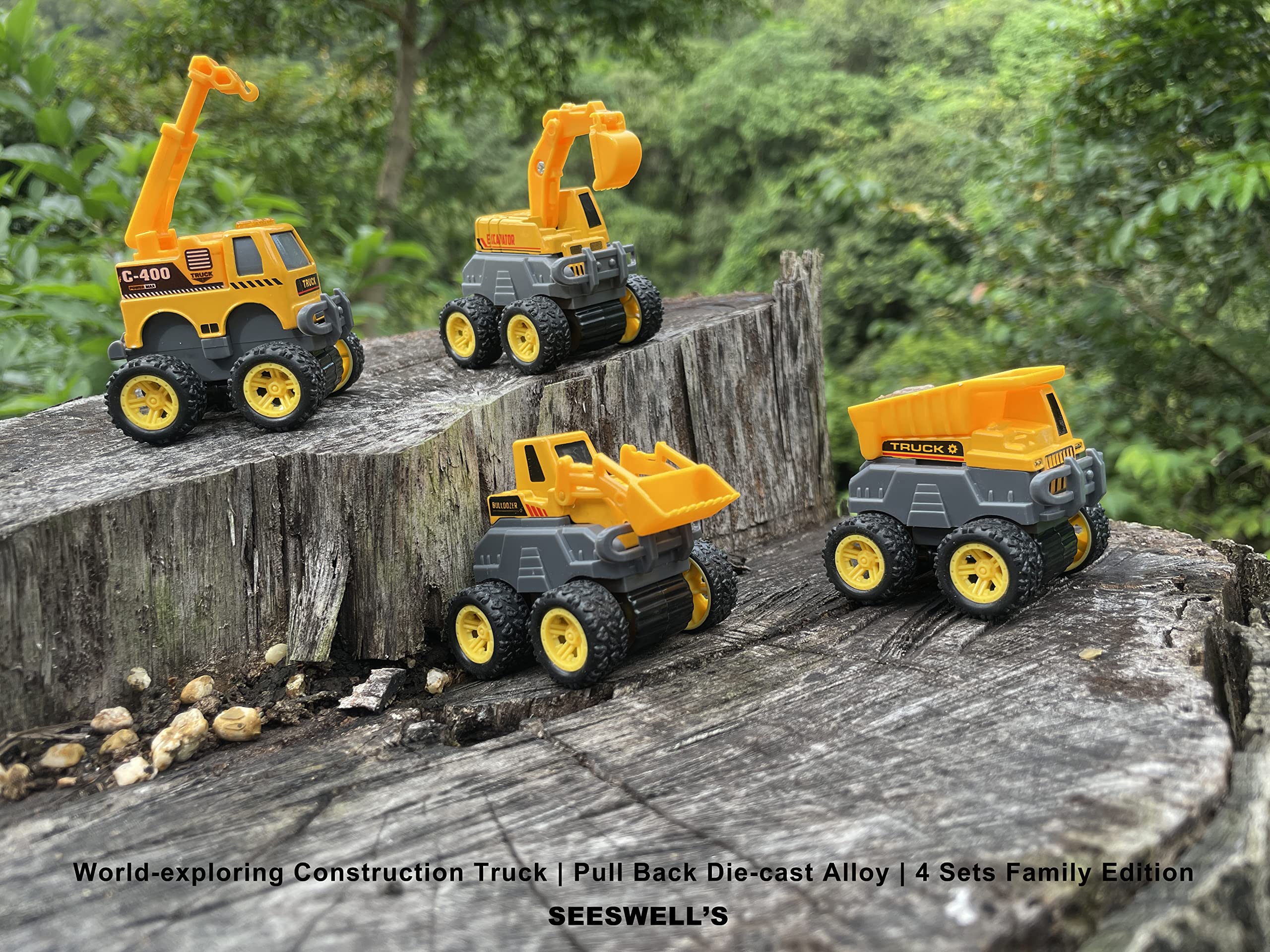 SEESWELL Construction Truck Toys | Monster Truck | Pull Back Friction Powered | Die-cast Alloy Vehicles Playset | 4 Pack | Toys for 3+ Years Old Kids