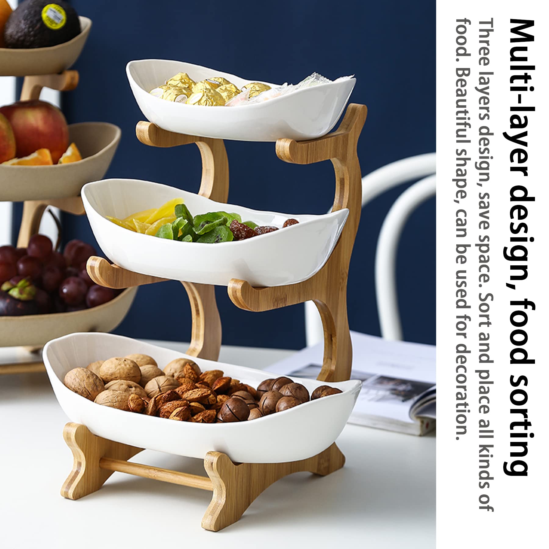Ceramic Oval Tiered Serving bowls Tray Set,White 3 Tier Ceramic Fruit Bowl with Bamboo Wood Stand for Sushi, Dessert, Fruit, Vegetables, Appetizer, Cake, Candy, Chip Dip (White, 3-Tier)