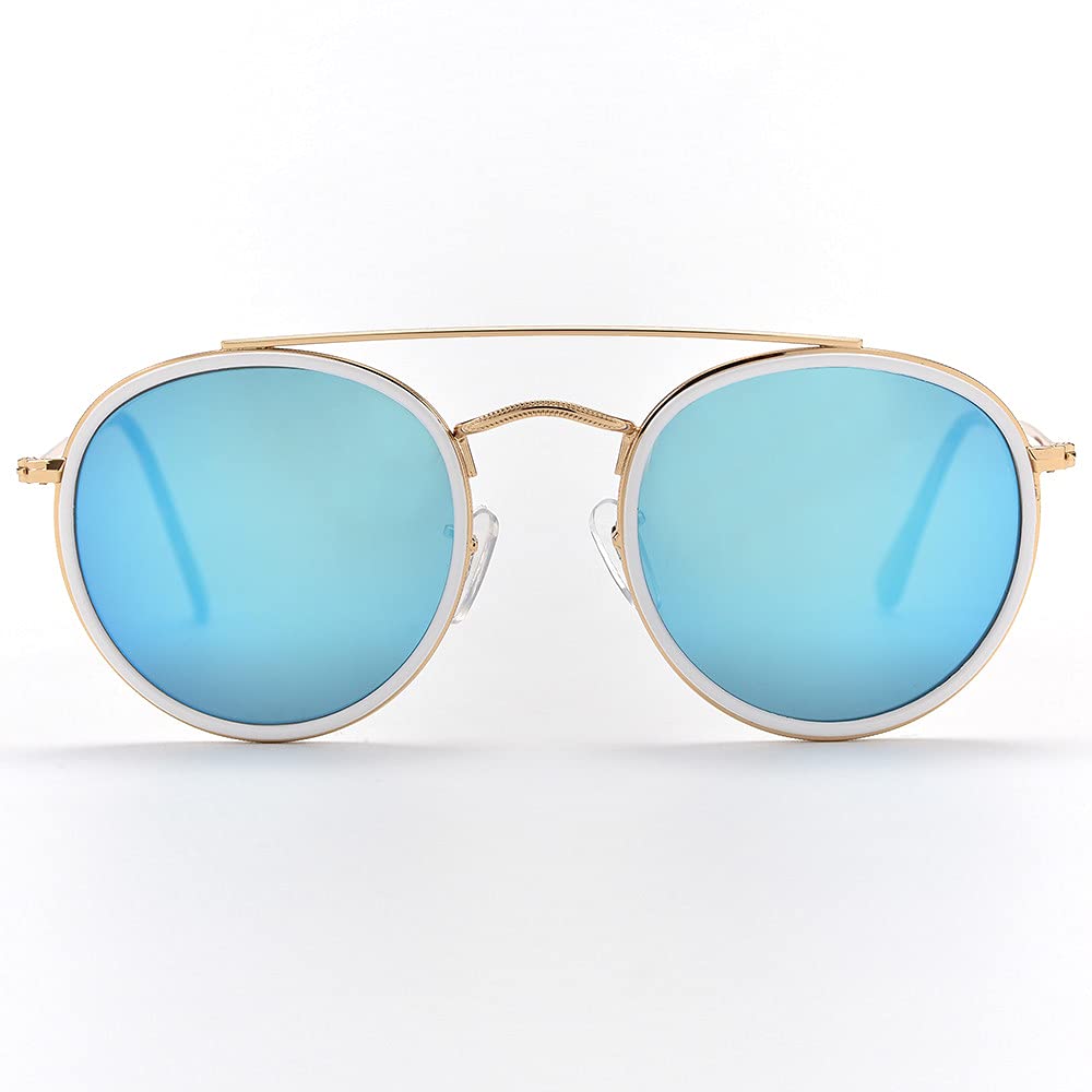 Bolo.ban classic round double bridge sunglasses for women men ics blue glass lens mirrored UV400 protection