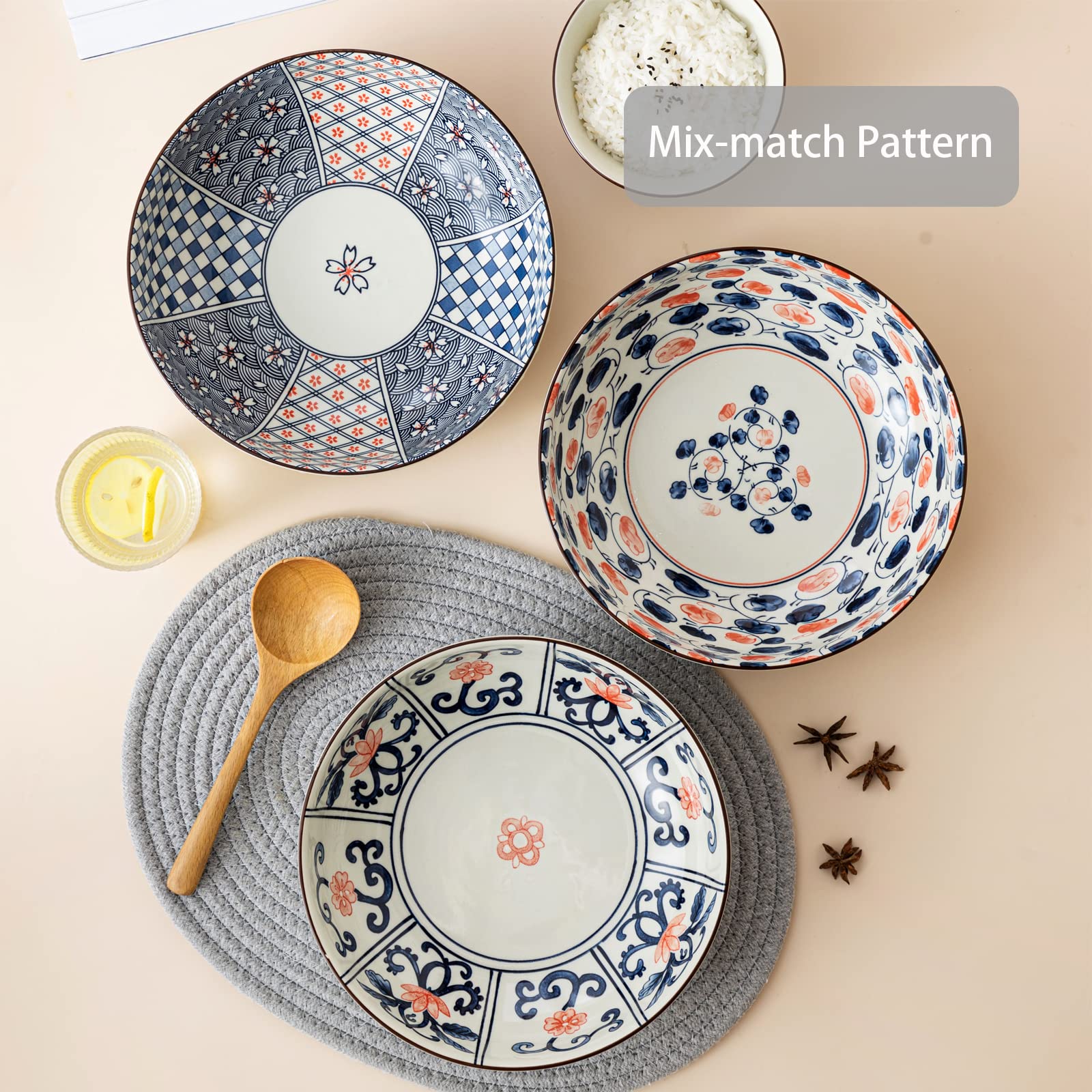 Ceramic Pasta Bowls,9.25 inch Large Salad Bowls,deep 2.76inch,72oz,Set of 3,Microwave and Oven Safe,Dishwarebowls for Serving Dinner, Salad, Soup, Oatmeal, Mix-Match Pattern, Gift