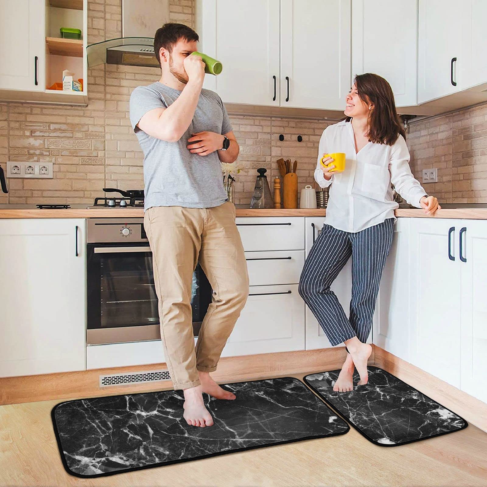 BOENLE Black Textured Marble Kitchen Rugs and Mats Non Skid Washable Kitchen Rug Set 2 Piece Carpet Ergonomic Comfort Standing Mat for Kitchen,Bathroom, Laundry