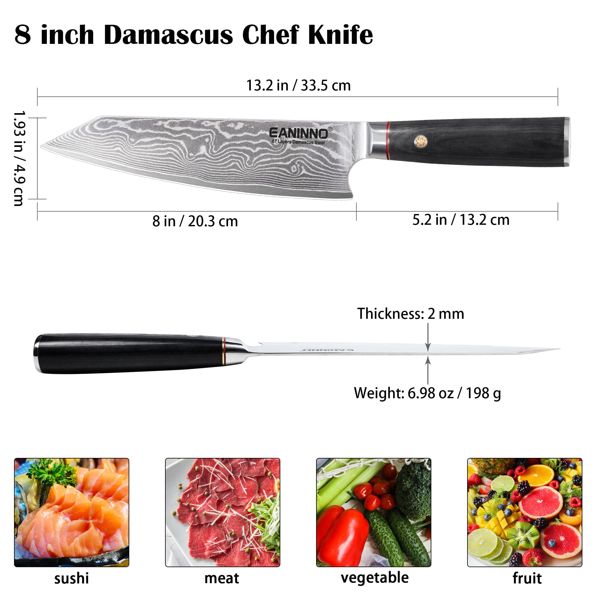 EANINNO Damascus Chef Knife 8 Inch Japanese Kitchen Knife, Sharp Professional Chefs Knife 67 Layers High Carbon Damascus Stainless Steel Vg10 Cutting Knife