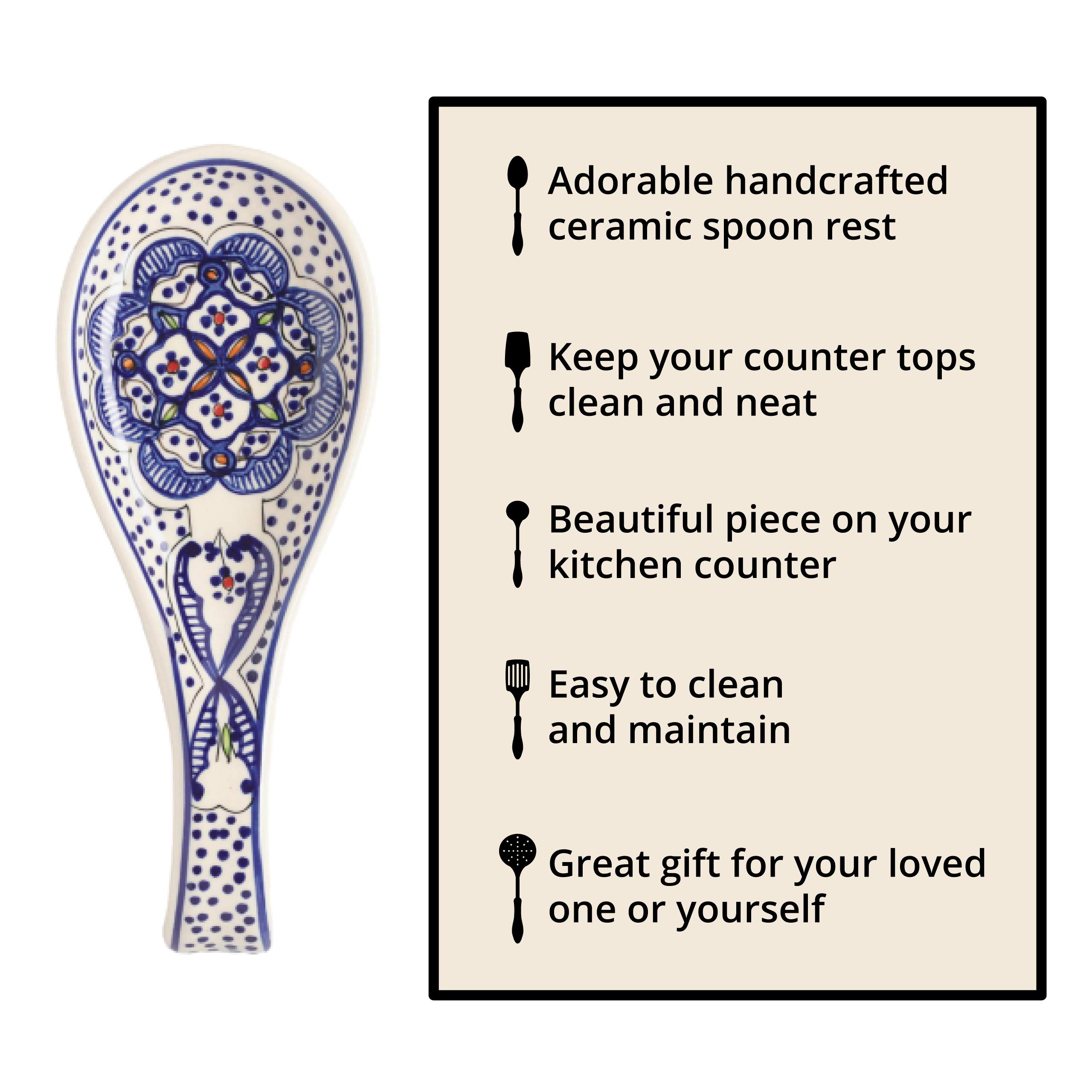 Ceramic Spoon Rest - Artisan Hand Crafted - Hand Painted Blue and White Spain and North Africa Art Deco - Kitchen Counter or Stove Top Utensil Rest