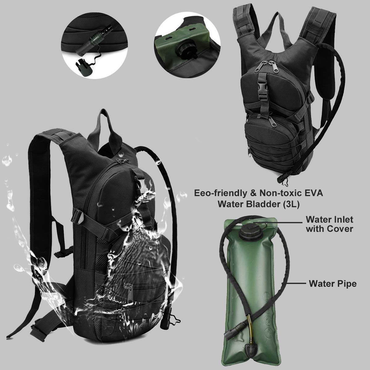 BraveHawk OUTDOORS Tactical Hydration Pack Backpack, 900D Military Nylon Oxford Water Resistant Sports Runner Backpack with 3L Bladder for Hiking and Climbing (Black)