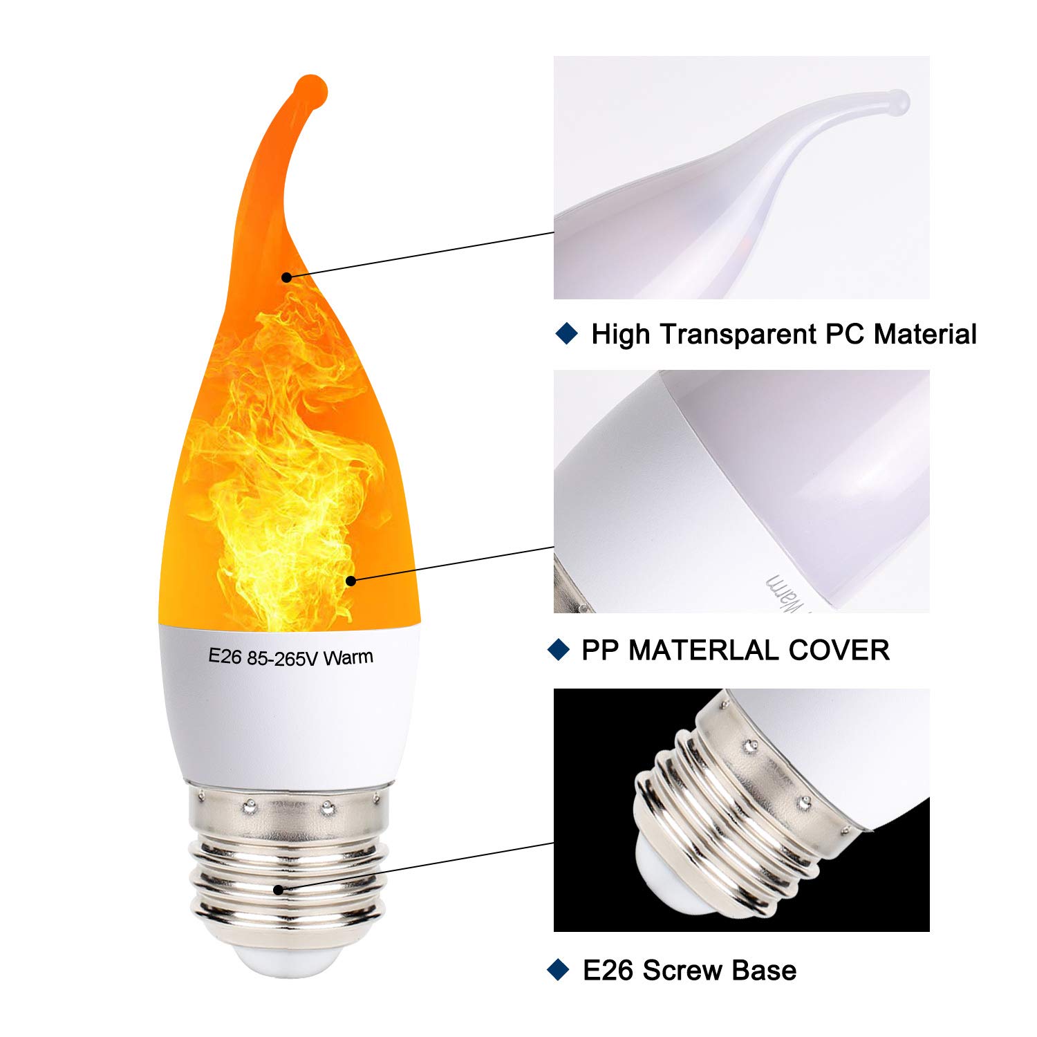 BAILAOYE 4 Pack LED Simulated Fire Flicker Flame Light Bulb, 3 Modes (Emulation General Breathing) 2W 1800K Warm White, E26 Base Fire Light Bulbs with Gravity Sensor for Home Bar Party Decorations