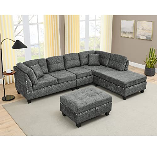 Evedy Modern Sectional, Living Room Furniture Sets,L-Shaped Storage Ottoman,Couch with Nail-Head Trim,3-Seaters Sofa with Extra Wide Reversible Chaise and 2 Small Pillows, Grey Fabric