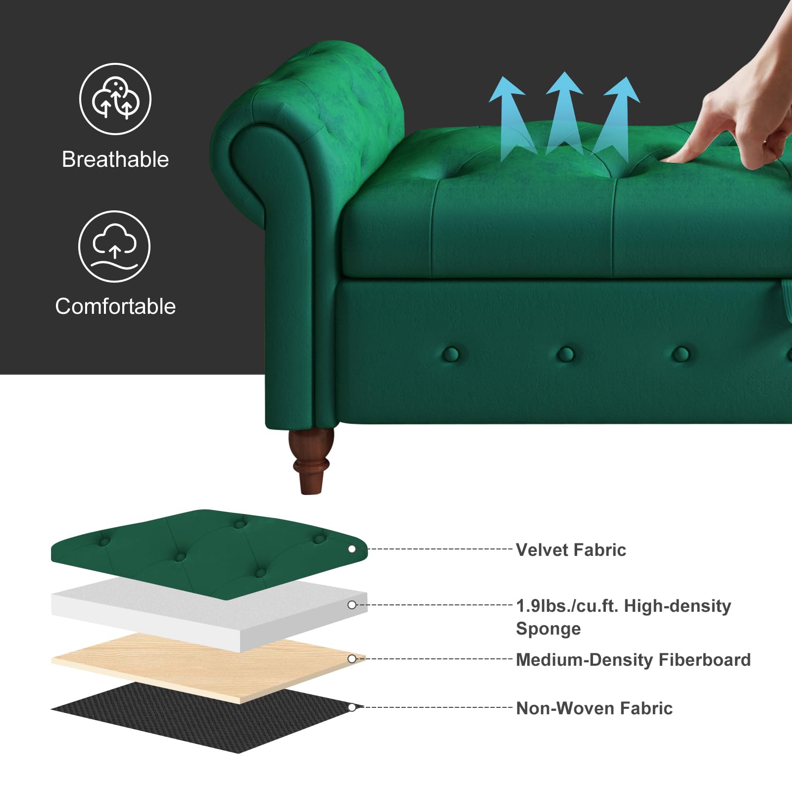 ayoodfo Storage Bench for Bedroom End of Bed, 63" Button Tufted Ottoman Bench, Rolled Armed Couch Long Bench Upholstered Window Bench for Bedroom, Living Room, Entryway, Dark Green