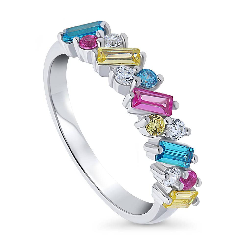 BERRICLE Sterling Silver Cluster Multi Color Cubic Zirconia CZ Stackable Fashion Anniversary Band for Women, Rhodium Plated Size 6