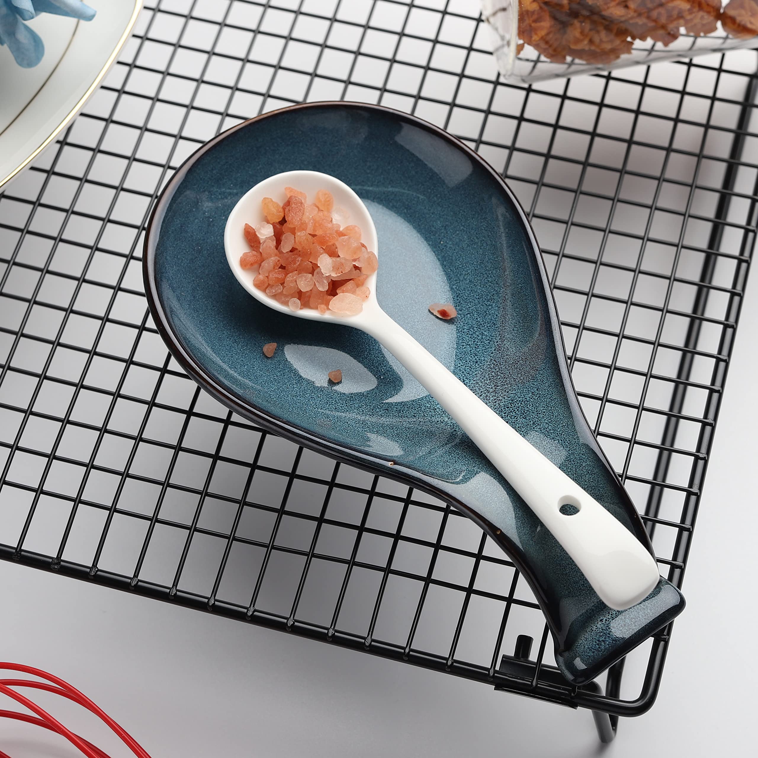 Ceramic Spoon Rest for Stove Top Spoon Holder for Kitchen Counter Utensil Holder for Ladle Tong Forks Coffee Spoon Rest (Blue)