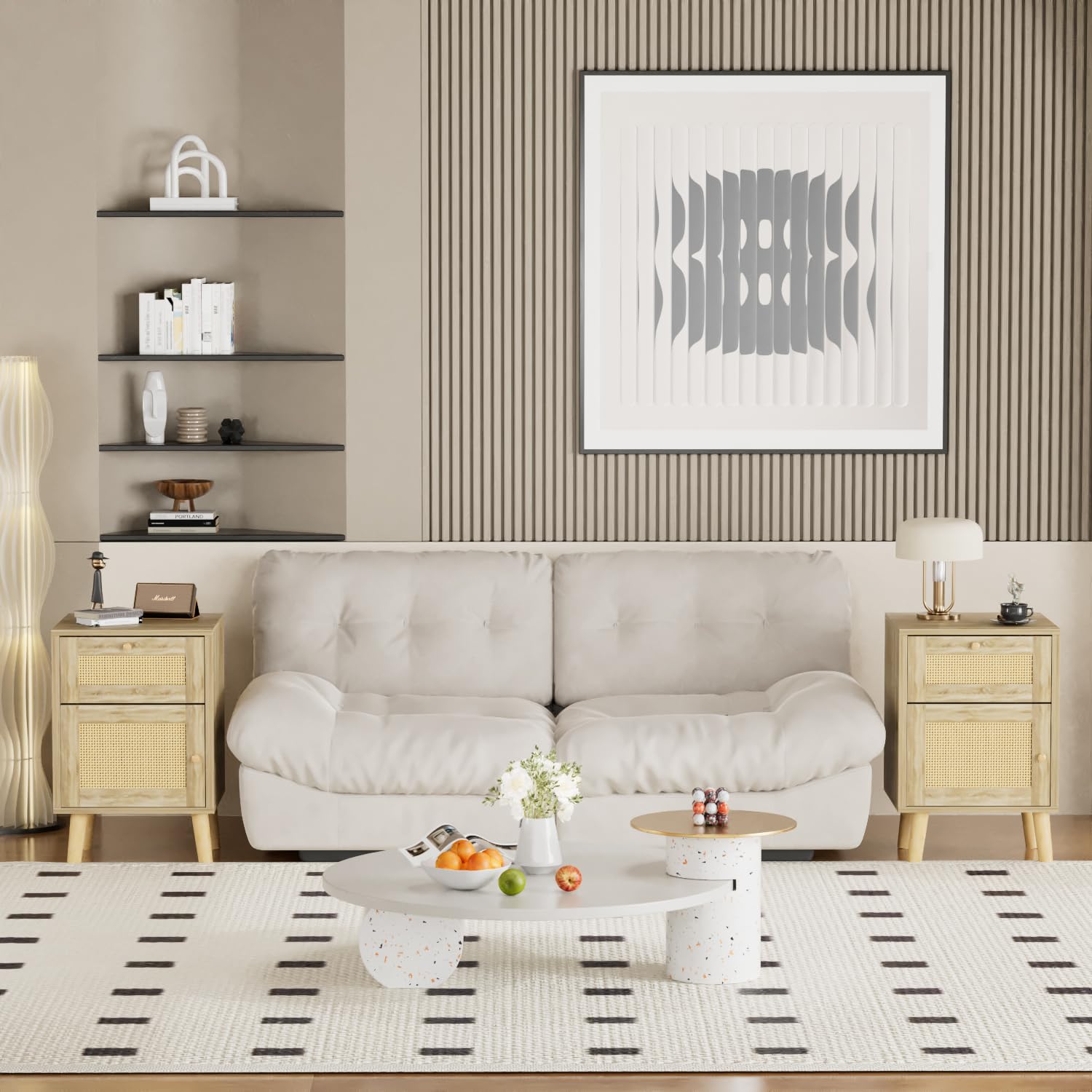 Breezestival Rattan-Like Nightstand with Storage, Boho Side Table with Rattan Material Decorated Drawer, Cabinet Door for Living Room, Bedroom