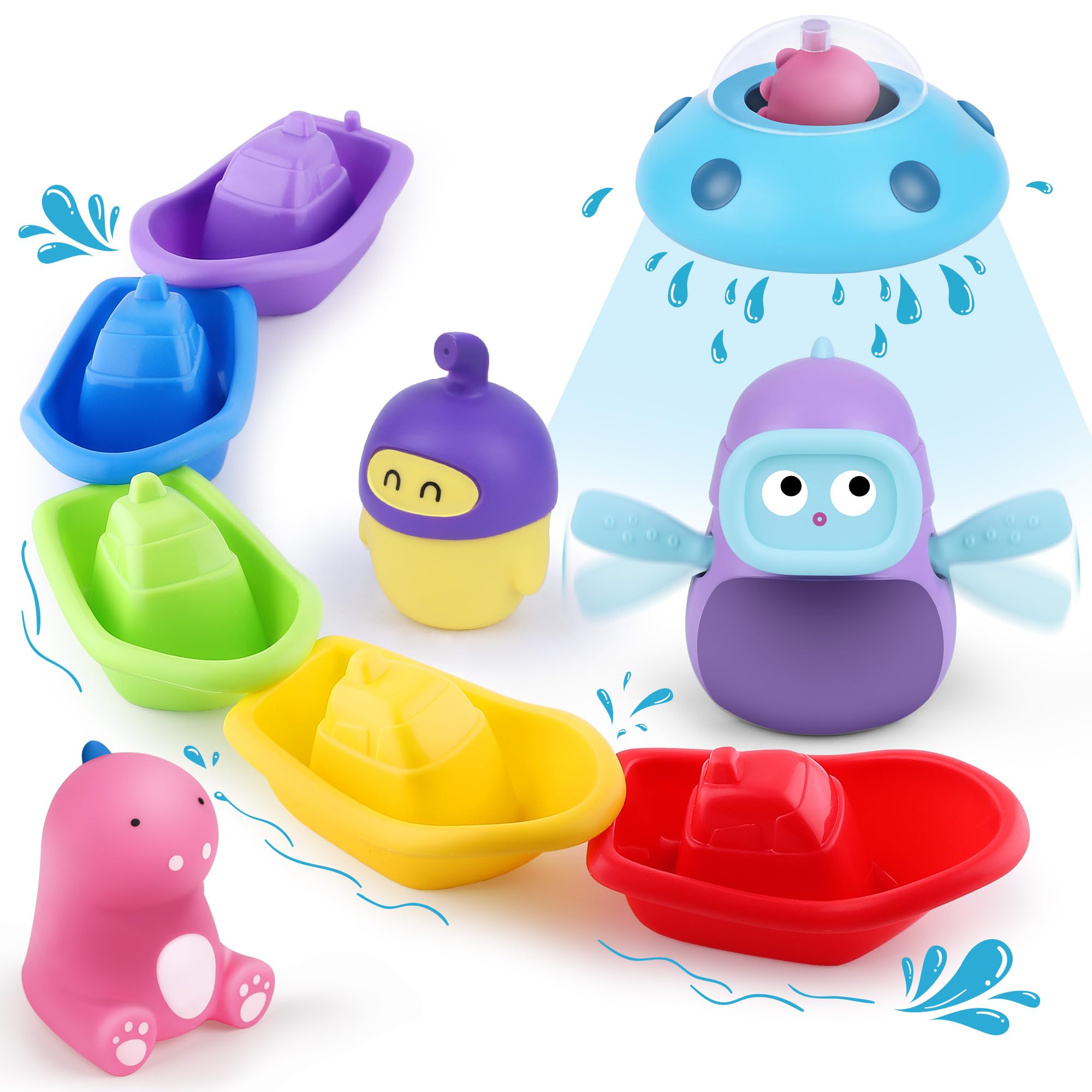 iPlay, iLearn Bath Toys for Toddlers 1-3, Baby Bathtub Pool Toys, Infant Fun Bath Tub Time, Floating Stacking Boats Water Toy, Birthday Shower Gift Set for 6 9 12 18 Month 1 2 3 Year Girls Boys Kids