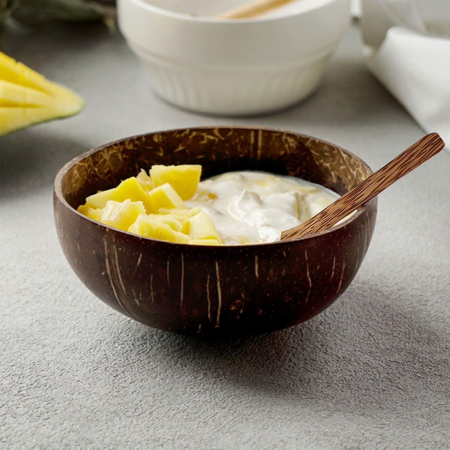CEREM Coconut Bowl with Wooden Spoon and Fork Handmade Kitchen Utensils for Fruit Salad Dessert Smoothie Breakfast Party Meals Serving Home Decor, Natural 1 Set