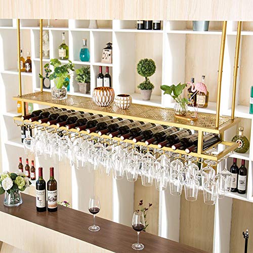 Double Layer Wine Rack Bar Wine Glass Rack Suspension Ceiling Wine Rack Restaurant Wine Bottle Rack J1019, PIBM, Gold, L60×W30cm