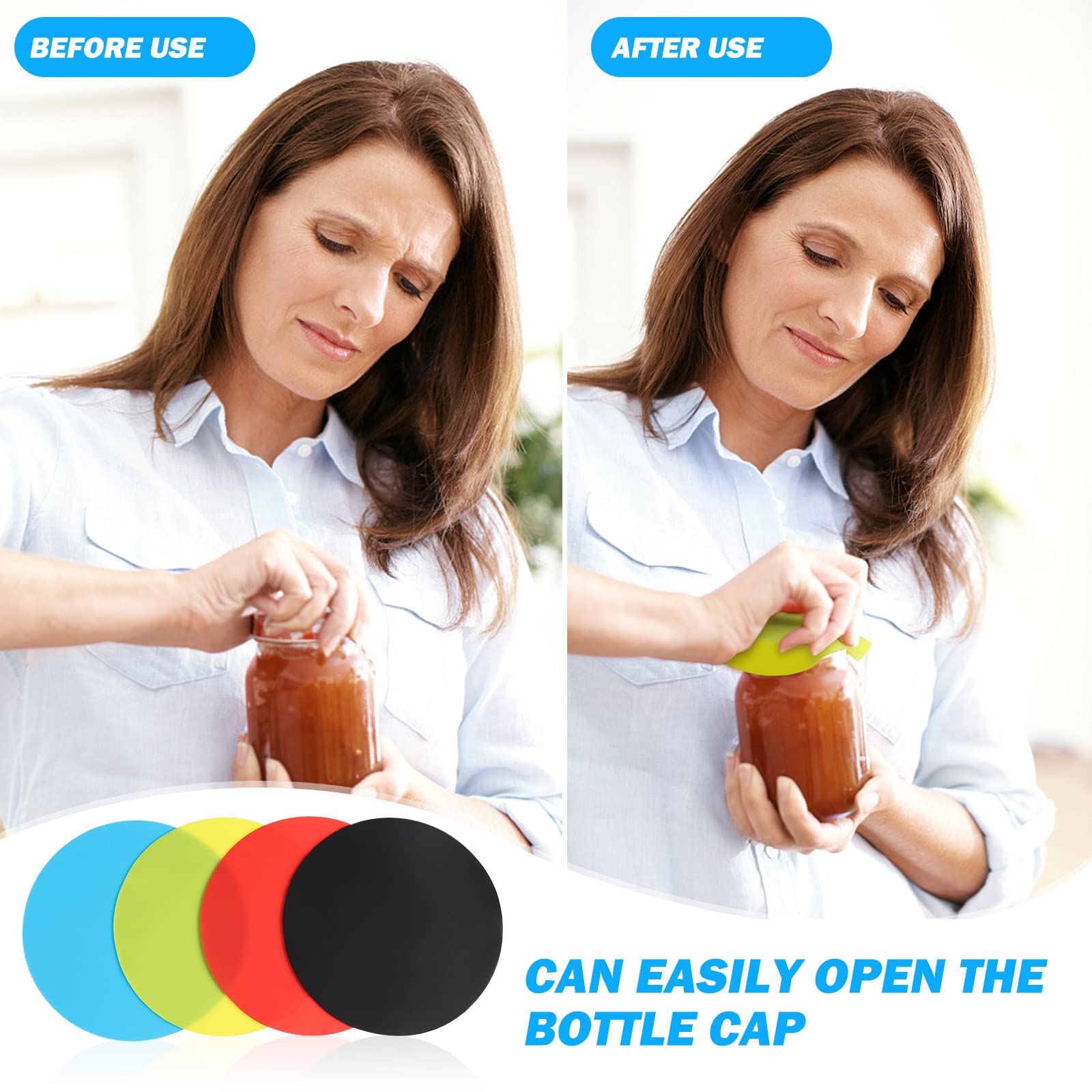 Cabilock 4pcs Rubber Non Slip Jar Gripper Pads Multi Purpose Non Slip Jar Lid Grip Pad Bottle Opener for Seniors Kids Women Kitchen Coasters Round