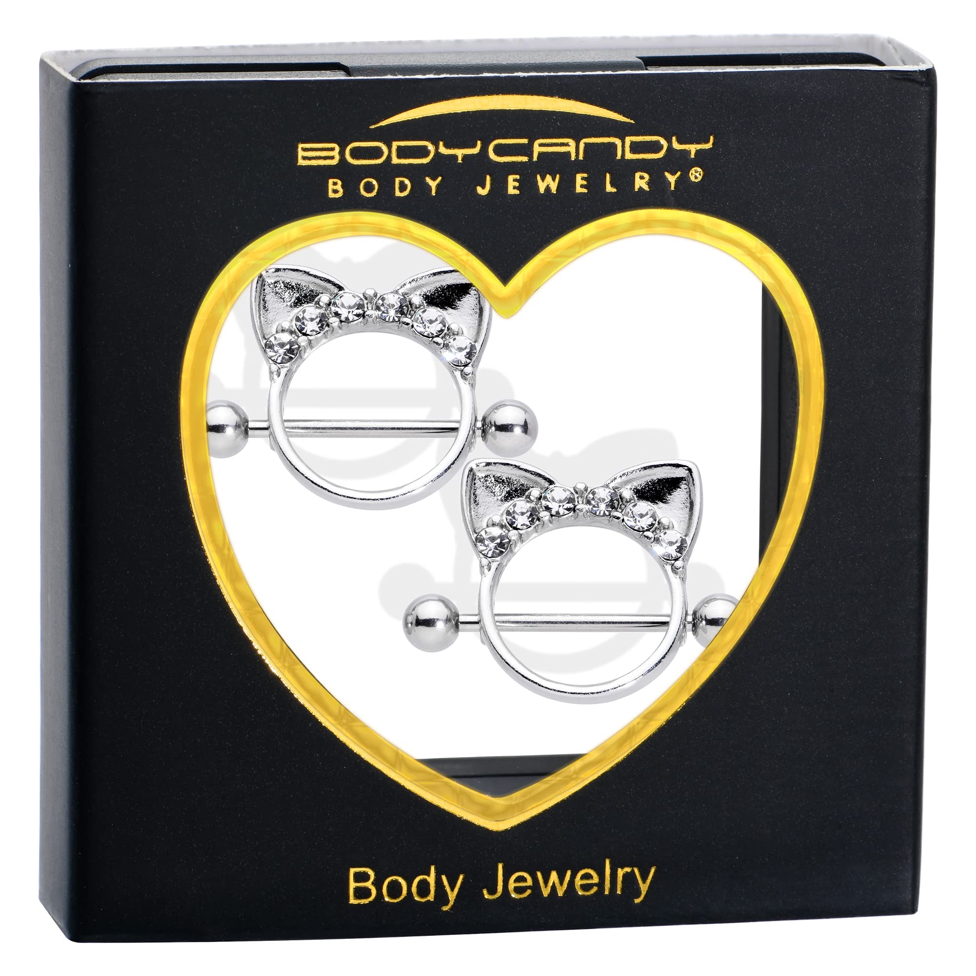 Body Candy 2Pc 14G Nipplerings Piercing Women Steel Pink Accent Cat Ears Nipple Shield Nipple Ring Set 9/16