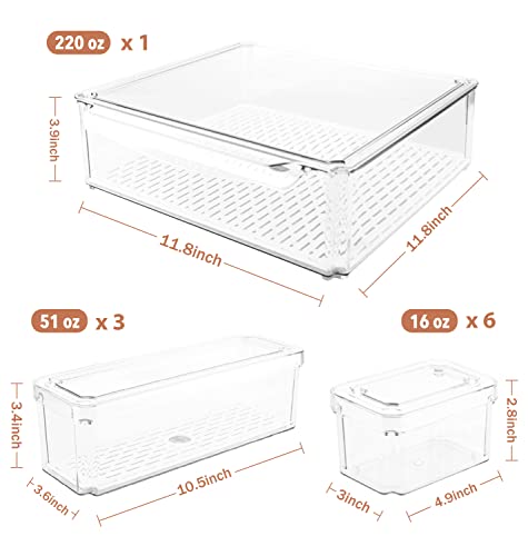 Finkoo 10 Pcs Fridge Organizer, Stackable Refrigerator Storage Bins with Lids, Kitchen Organization and storage BPA-Free Pantry Clear Storage Containers for Food, Drinks, Vegetable Fruits