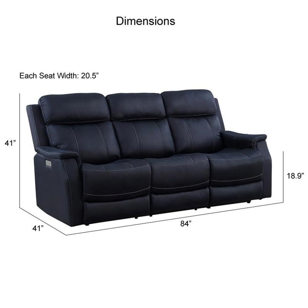 Steve Silver Co Ocean Blue Nubuck Leather-Like Power Reclining USB Port, Hand-Stitched, Headrest & Footrest Control Sofas, 84 x 41 x 41
