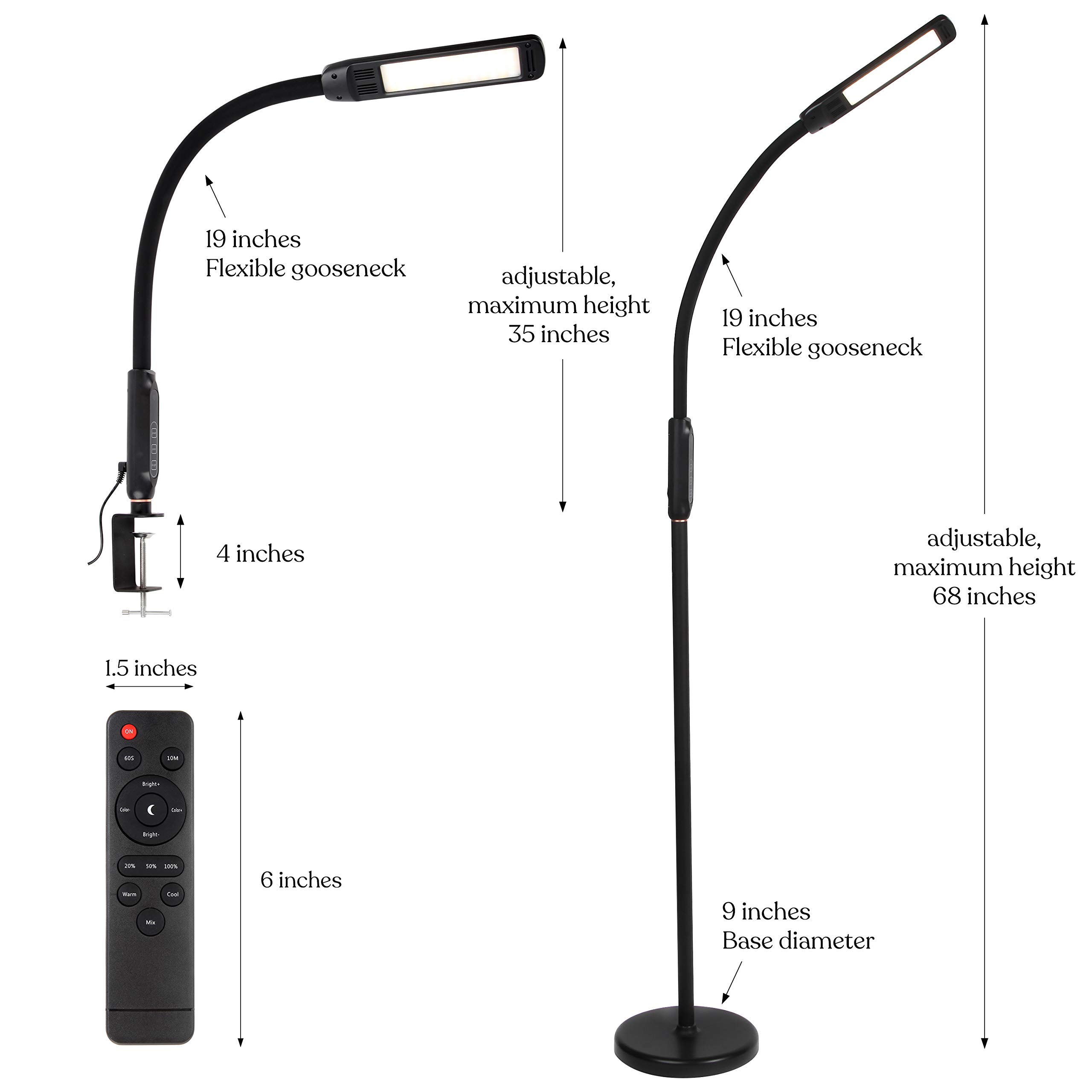 Brightech LED Litespan Vista 3-in-1 Desk Lamp for Living Rooms, LED Floor Lamp, Tall Lamp with Remote Control, Work Light for Documents, Standing Lamp with Flexible & Adjustable Gooseneck