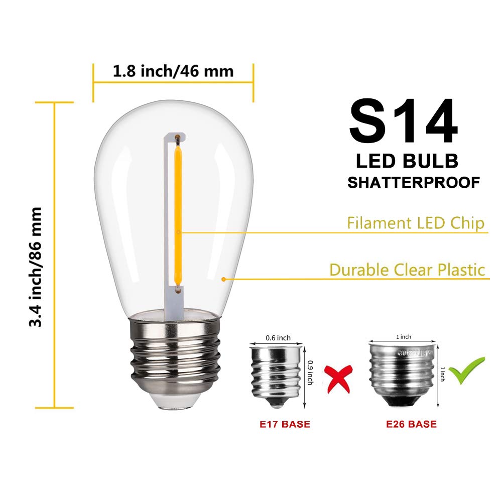 EMITTING 15 Pack Shatterproof S14 Replacement Light Bulbs –1W S14 LED Bulbs, Warm White 2200K, Outdoor String Lights Vintage LED Light Bulbs, E26 Base Edison Plastic Bulbs.