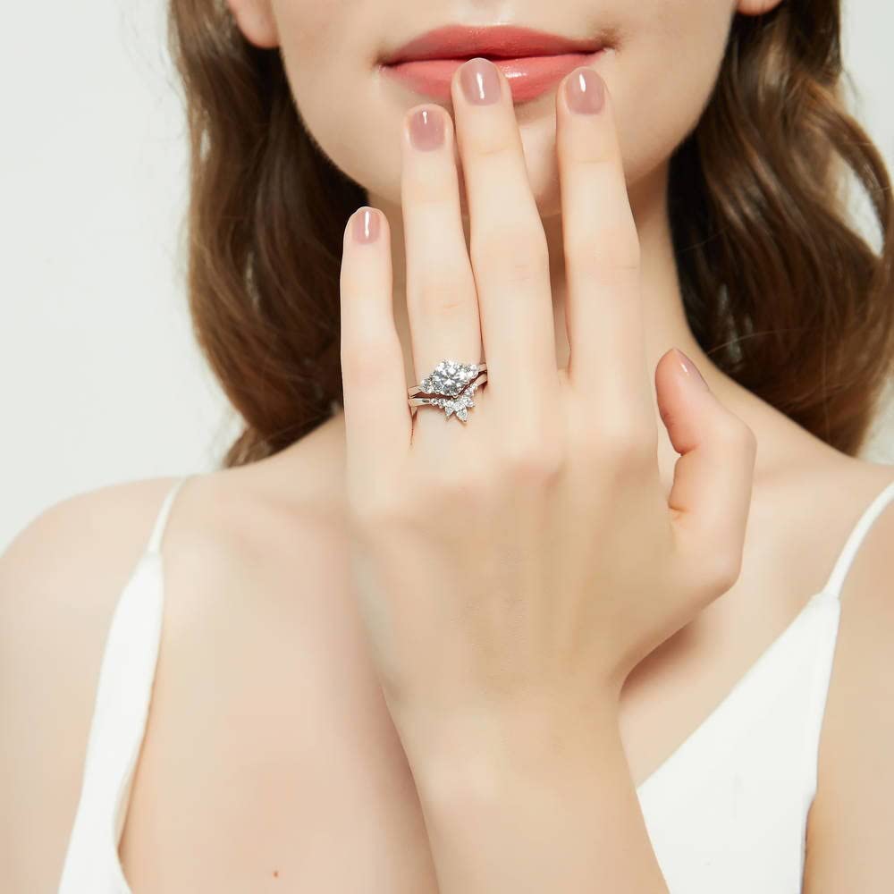 BERRICLE Sterling Silver 3-Stone Wedding Engagement Rings Round Cubic Zirconia CZ 7-Stone Ring Set for Women, Rhodium Plated Size 6