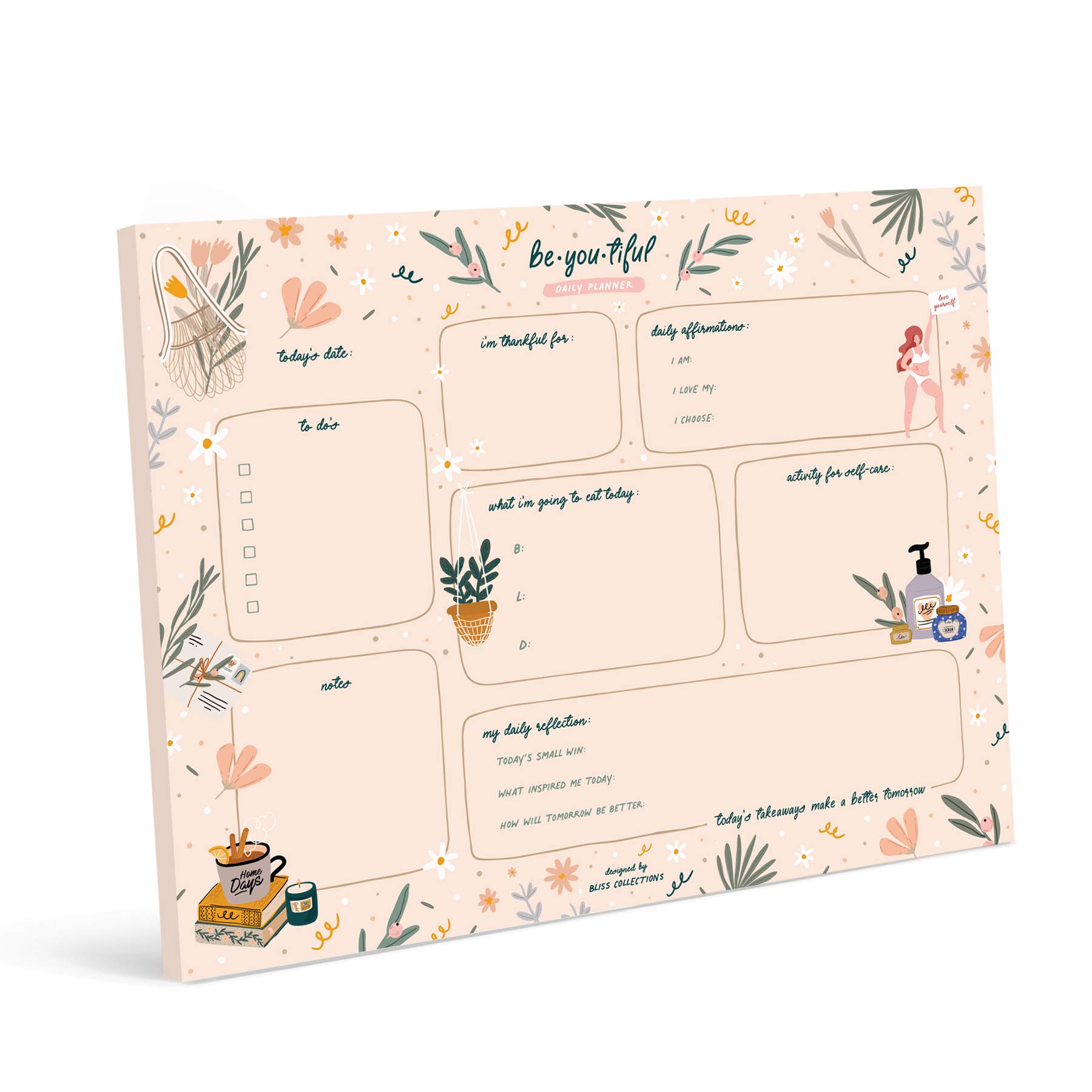 Bliss Collections Daily Planner, Balanced Self-Care Calendar, Organizer, Scheduler, Productivity Tracker for Organizing Goals, Tasks, Notes and To-Do Checklists, 8.5"x11" Tear-Off Sheets (50 Sheets)