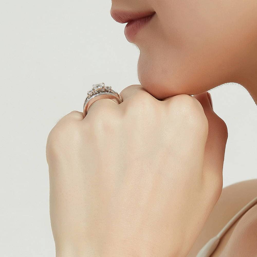 BERRICLE Sterling Silver 3-Stone Wedding Engagement Rings Cushion Cut Cubic Zirconia CZ Ring Set for Women, Rhodium Plated Size 7