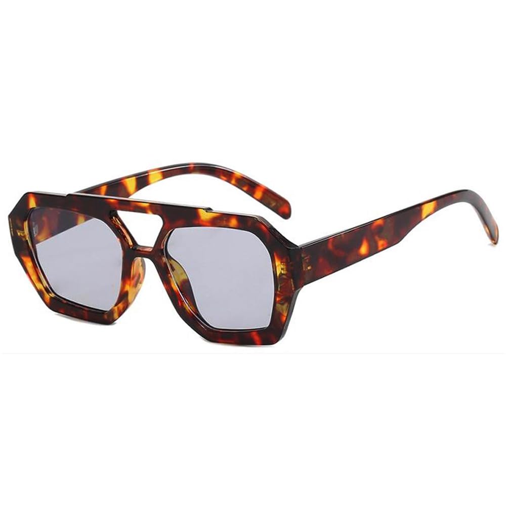 BAODAREN Trendy Aviator Sunglasses for Women Men Hexagonal Square Thick Frame Double Bridge Sun Glasses Shades BS1300 (Leopard/Light Gray)