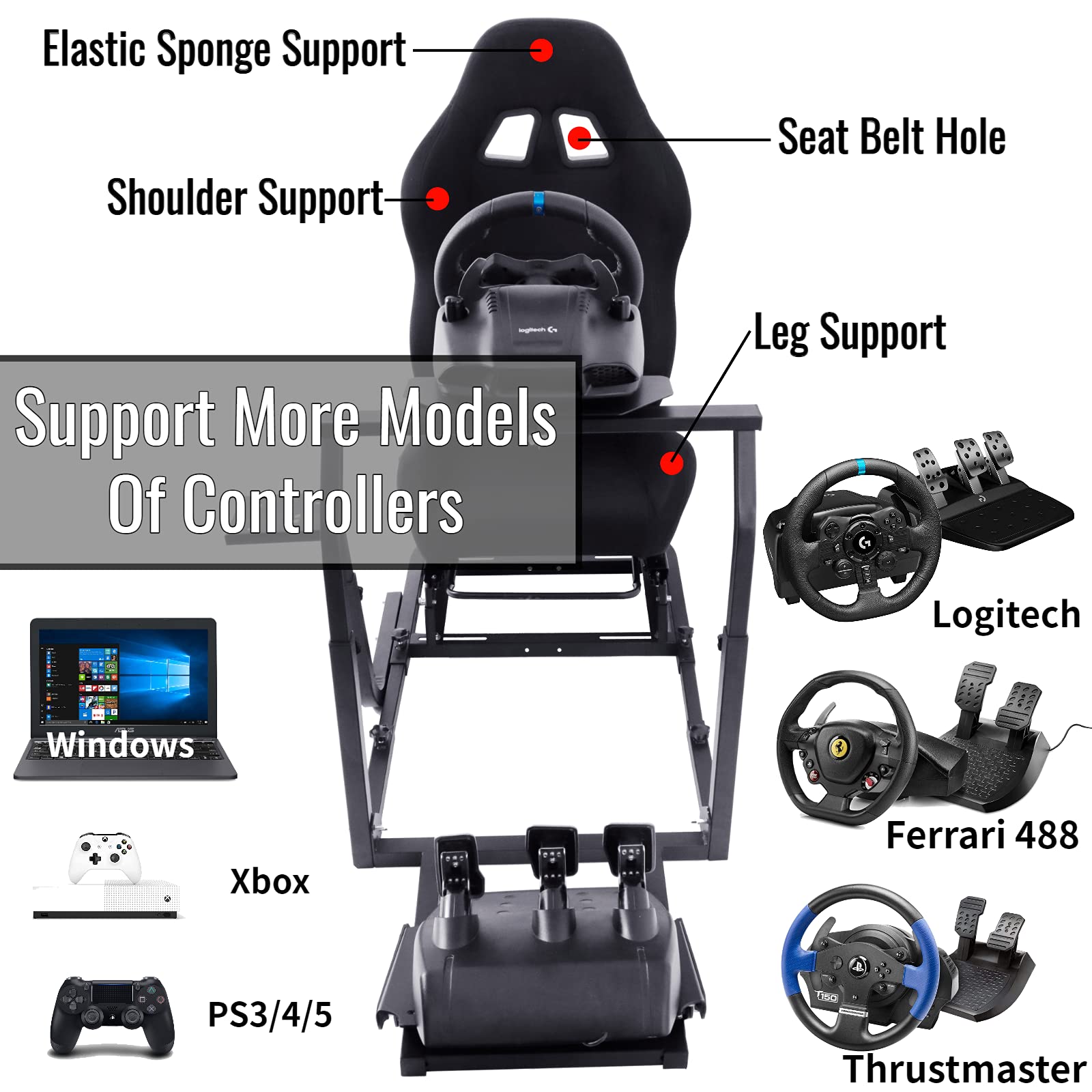Minneer Super Driving Simulator Cockpit with Real Seat forLogitech G25, G27, G29, G920 Dual-Segment Adjustable PC,Xbox,PS4 Racing Wheel Stand Frame Professional Level Steering Simulator Cockpit