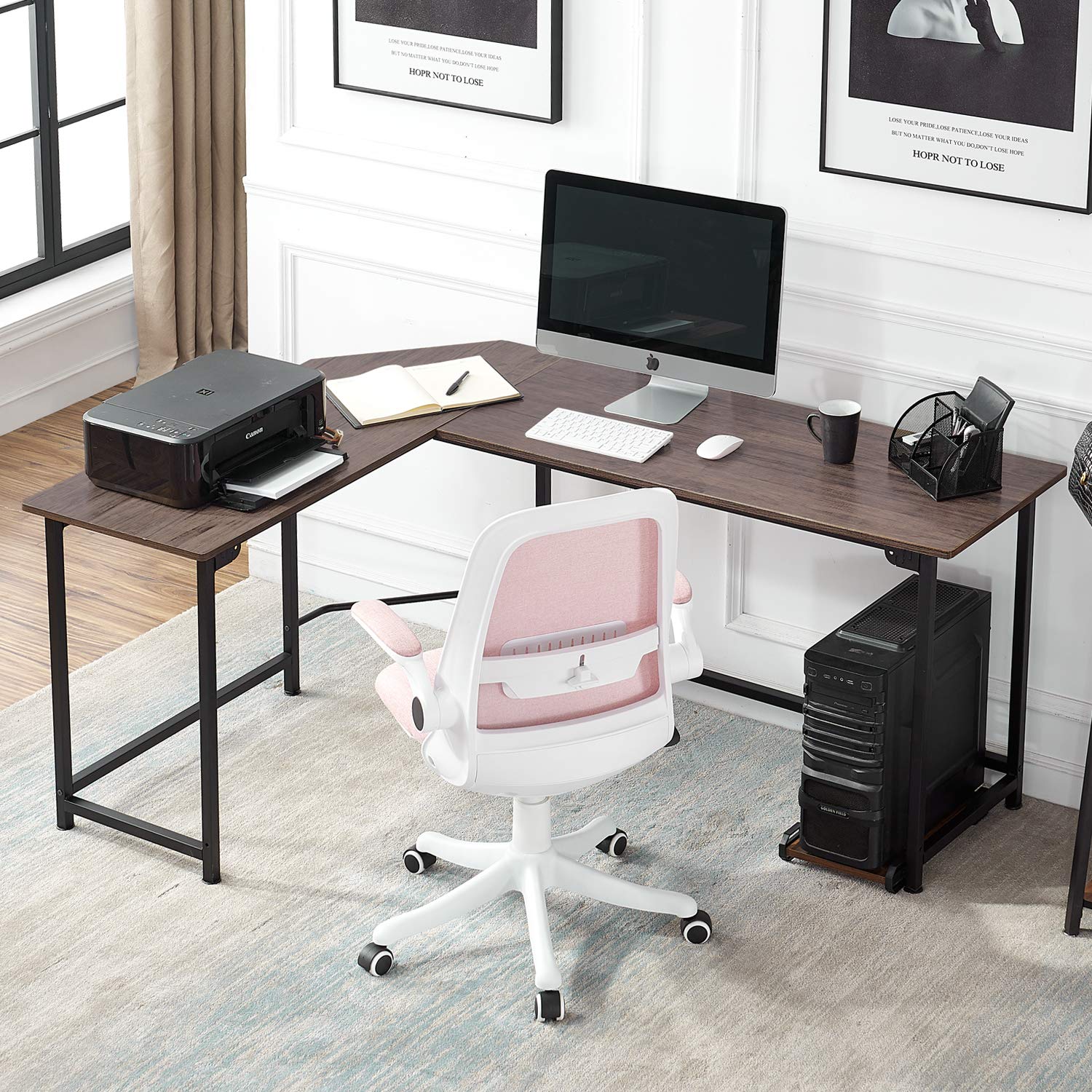 VECELO L-Shaped Corner CPU Stand Study Writing Table Workstation Gaming Computer Desk for Home Office,Coffee, 66 inch