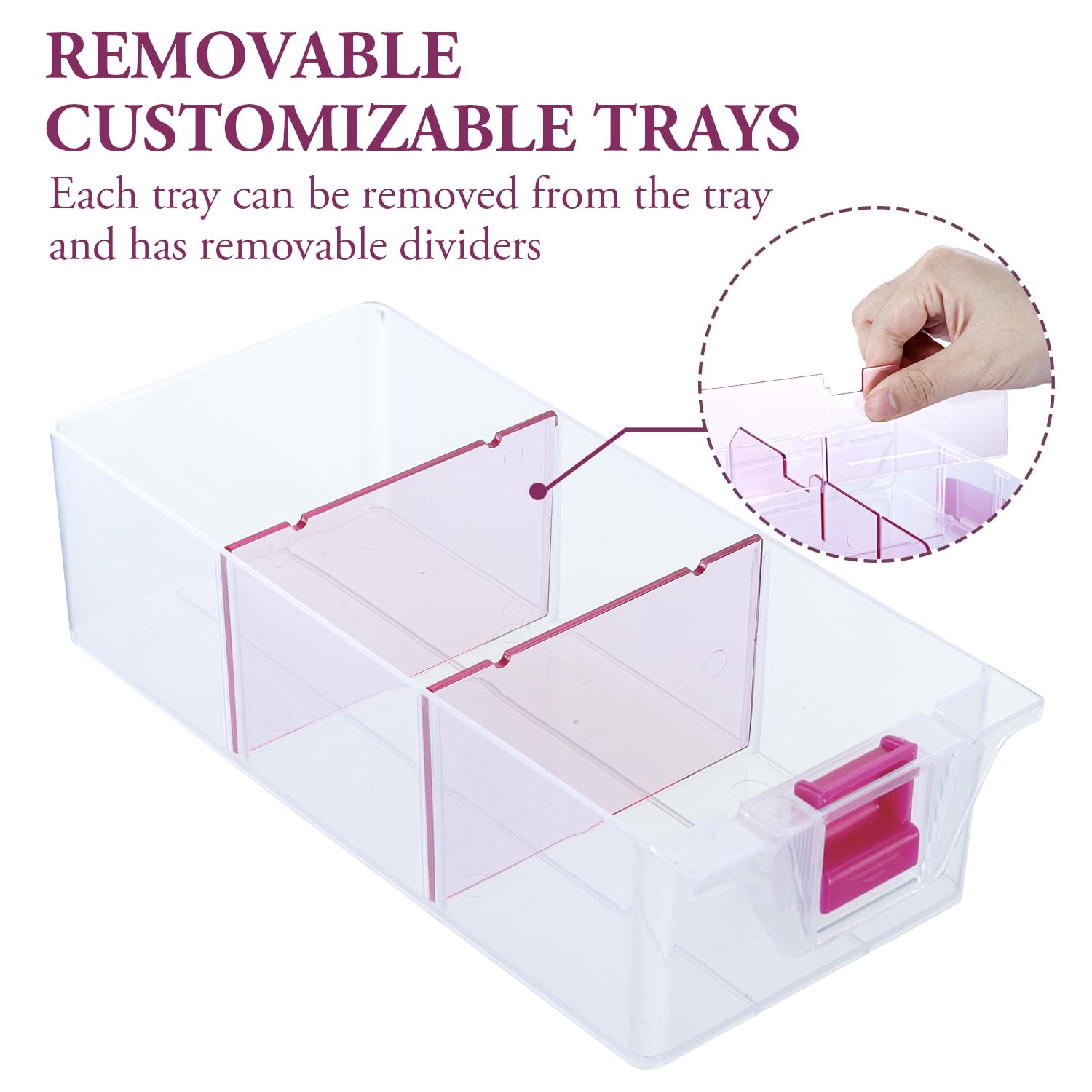 MyGift 11 Inch Clear Arts and Crafts Stackable Container, Sewing Supplies Storage Organizer Case with Pink Accents, 24 Customizable Compartments, and 6 Drawers with Removable Dividers