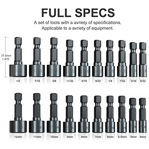 BROPPE 20Pcs Power Nut Driver Set for Impact Drill, SAE and Metric 1/4β Hex Head Drill Bit Set Screwdriver Socket Set, High Hardness CR-V Steel, Quick Change Chuck Socket Wrench Screw Impact Nutsetter