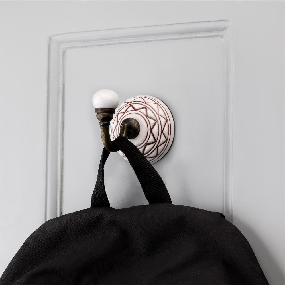 IndianShelf 1 Pieces Brass White Round Decorative Coat Hooks Kitchen Unique Ceramic Wall Hooks for Hanging Towel Hook Farmhouse Backpack Purse Hanger Heavy Duty Entryway Shower Robe Holder Hat Rack