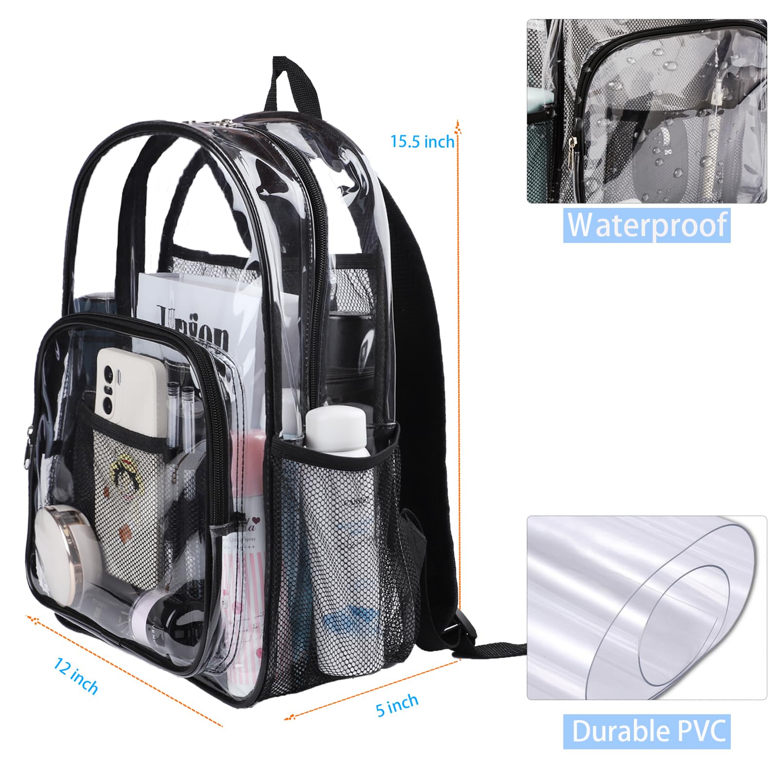 BAJNOKOU Clear Backpack Heavy Duty Pvc Bookbag for School - See Through Transparent Stadium Approved Backpacks for Women Concert Sport Venues Work Travel,Black