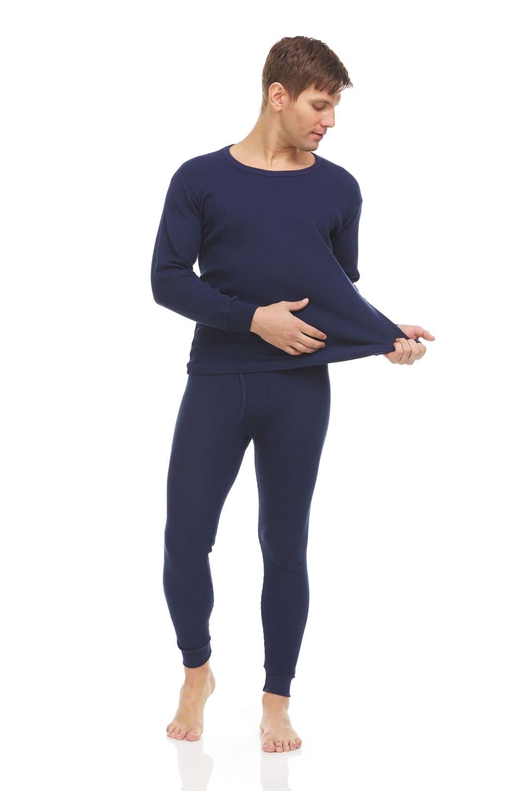 BILLIONHATS 6 Pack of 2pc Thermal Sets for Men, Base Layer Long Johns Underwear, Top & Bottom, Cotton, Solid Colors (Medium, Navy Blue)
