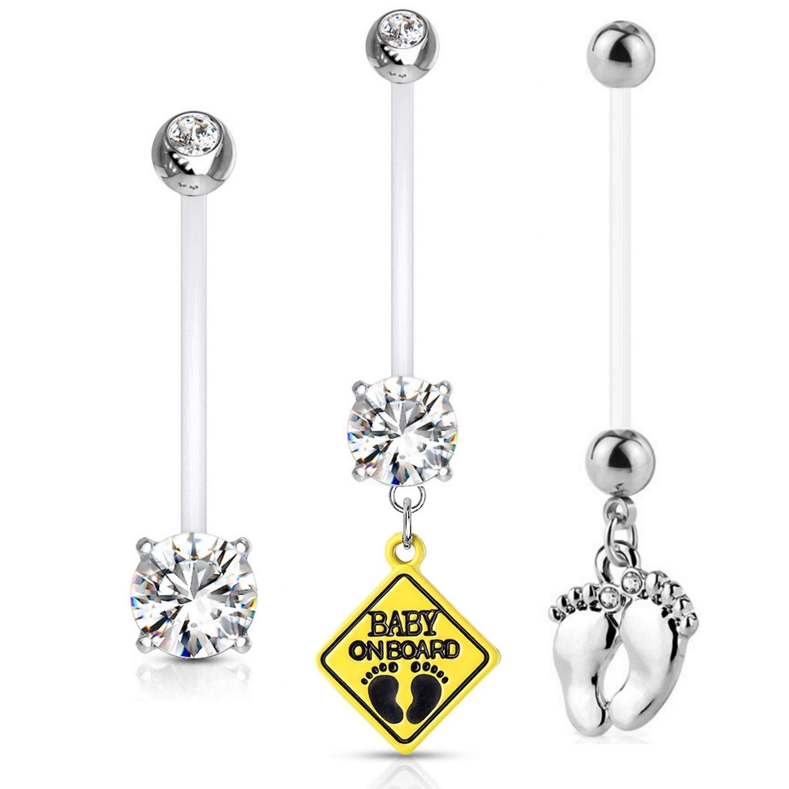 BODY DAZZ 3PC Lot Pregnancy Belly Button Navel Rings Steel/Bioflex (14G-Extended Length) (Clear)