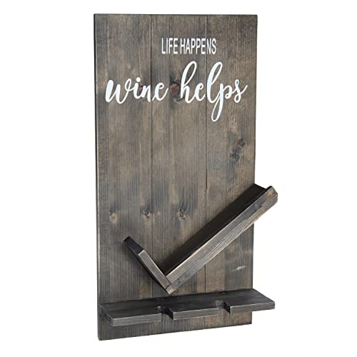 Elegant Designs HG1016-RGY Lucca Quote Saying “Life Happens Wine Helps” Wooden Bottle Shelf with Glass Holder Wall Mounted Wine Rack, Rustic Gray