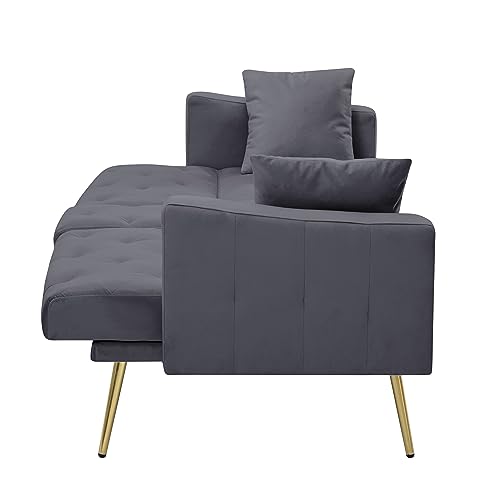 ERYE Modern Futon Sofa Loveseat Convertible Sleeper Couch Bed for Small Space Apartment Office Living Room Furniture Sets, Upholstered Love Seat Sofabed, Gray Velvet Tufted with 2 Cupholders