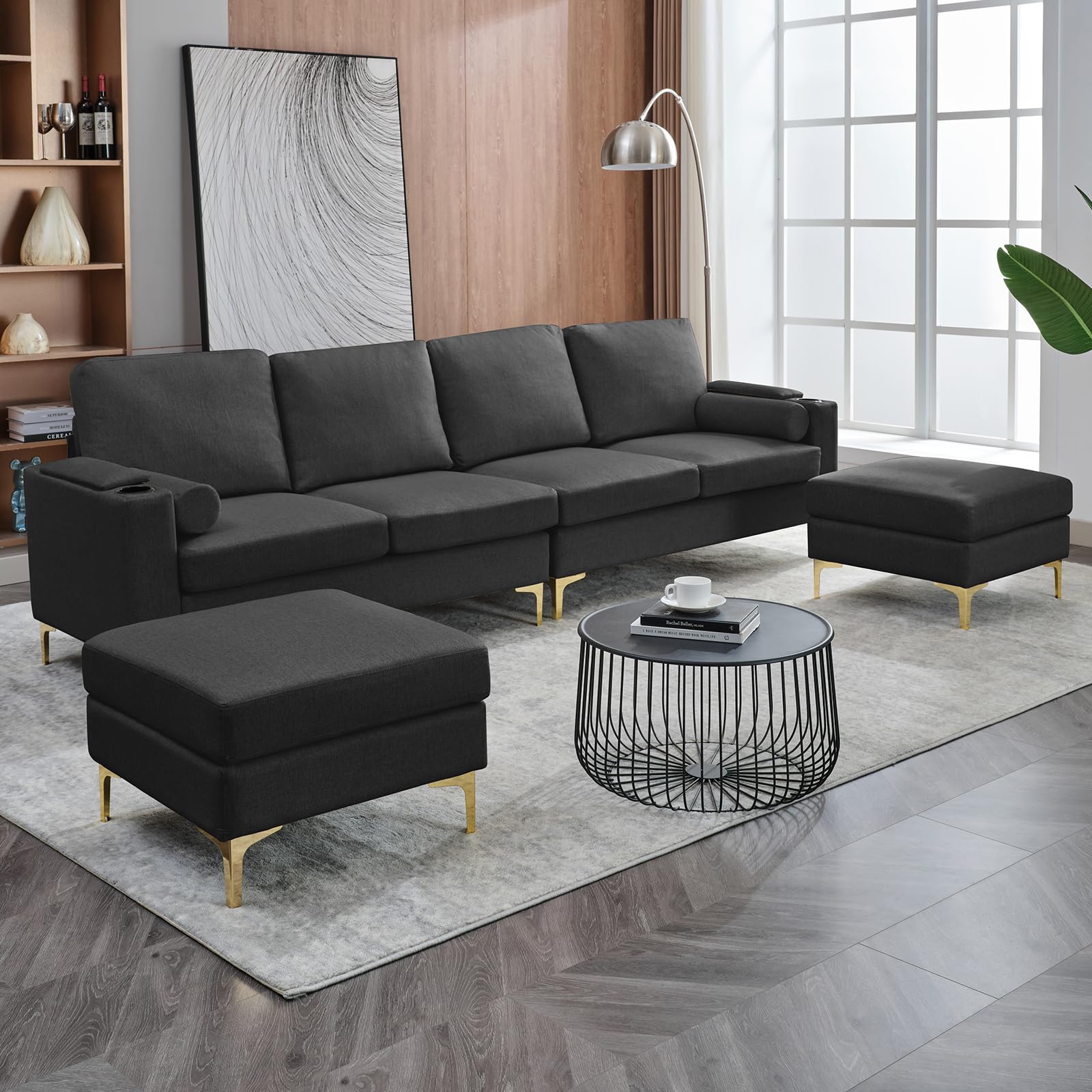 Mjkone Convertible L-Shaped Couch Modular Sectional Sofa with Removable Storage Ottoman & Storage Armrest, Modern Sofa Set Sectional Couch with Cup Holders, 115 Inch Living Room Set - Dark Grey